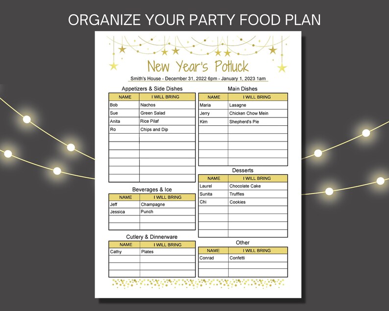 New Year's Potluck Sign up Sheet Printable, Food Sign up Sheet, New ...