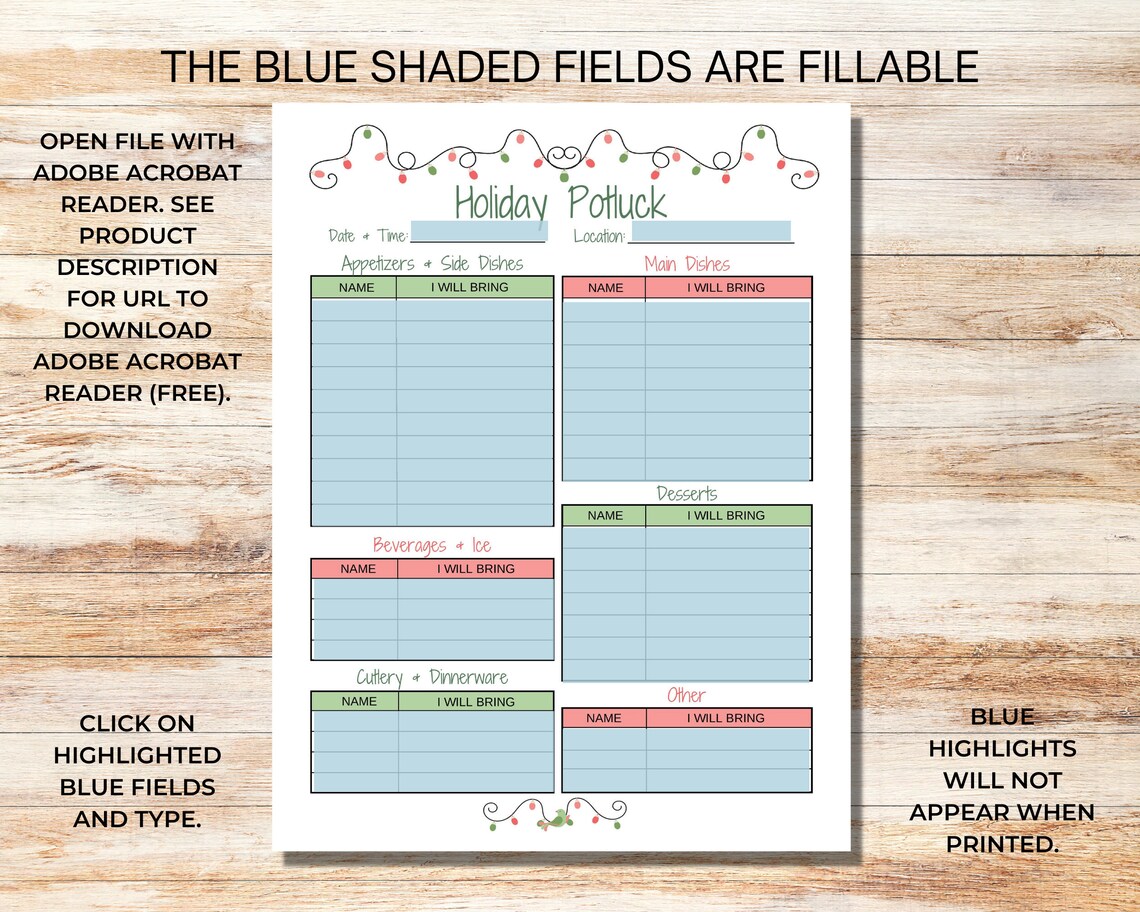 Christmas Potluck Sign up Sheet Printable, Food Sign up Sheet ...