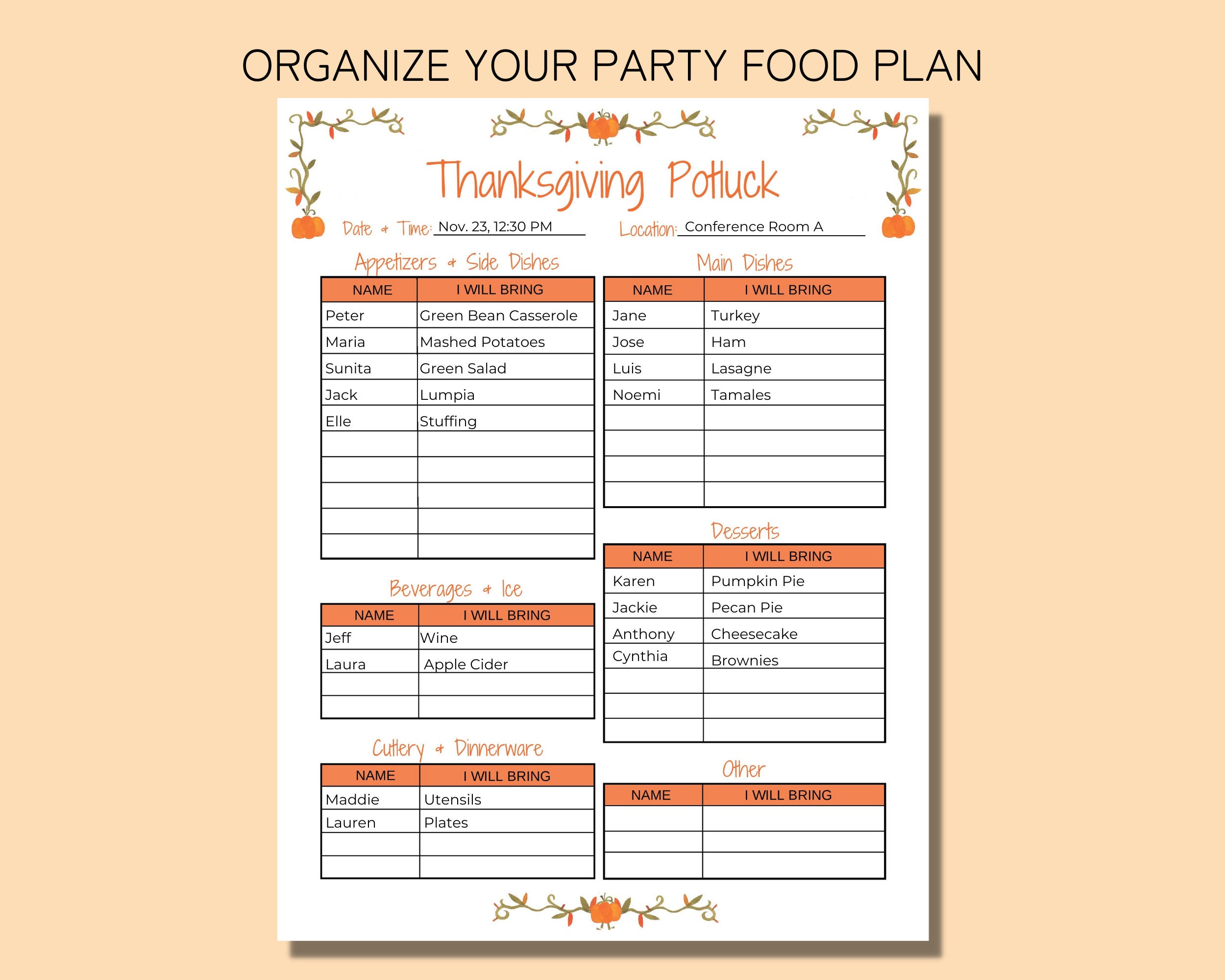 Thanksgiving Potluck Sign up Sheet Printable, Food Sign up Sheet ...