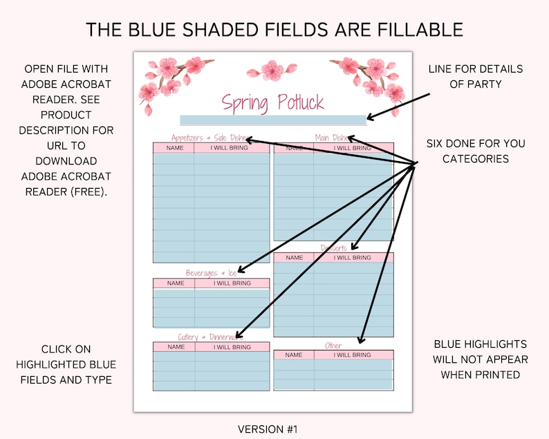 Spring Potluck Sign up Sheet Printable, Food Sign up Sheet, Spring ...