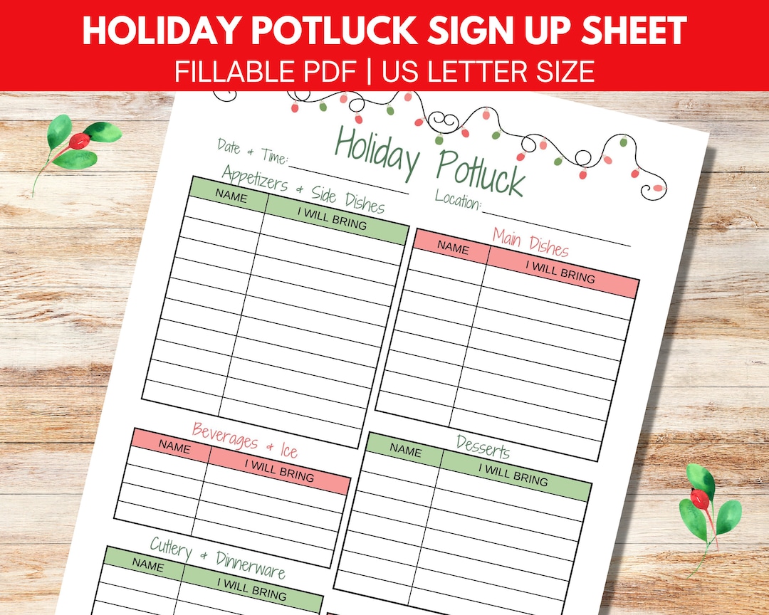 Christmas Potluck Sign up Sheet Printable, Food Sign up Sheet ...
