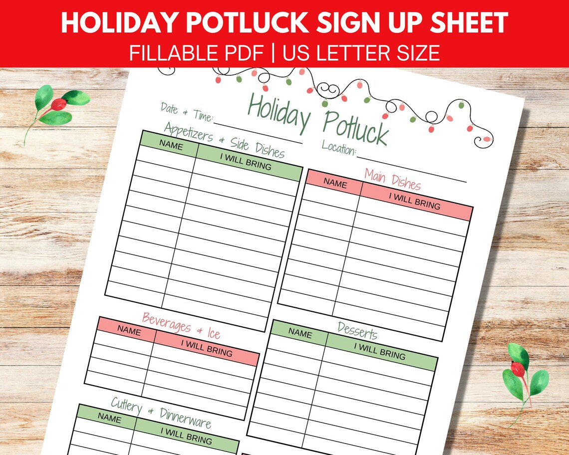 Christmas Potluck Sign up Sheet Printable, Food Sign up Sheet ...