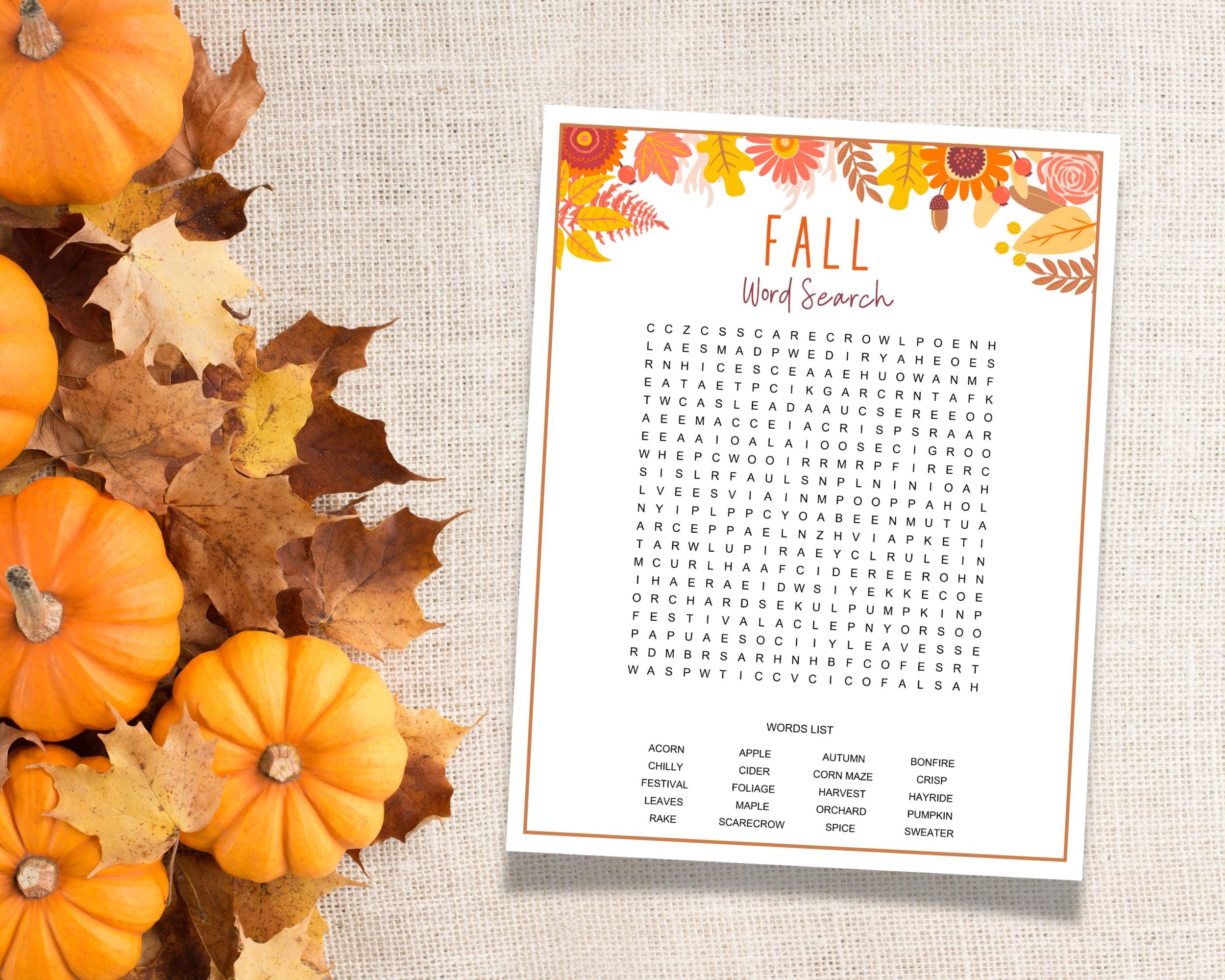 Fall Word Search Game, Printable Word Game, Autumn Word Search Puzzle ...
