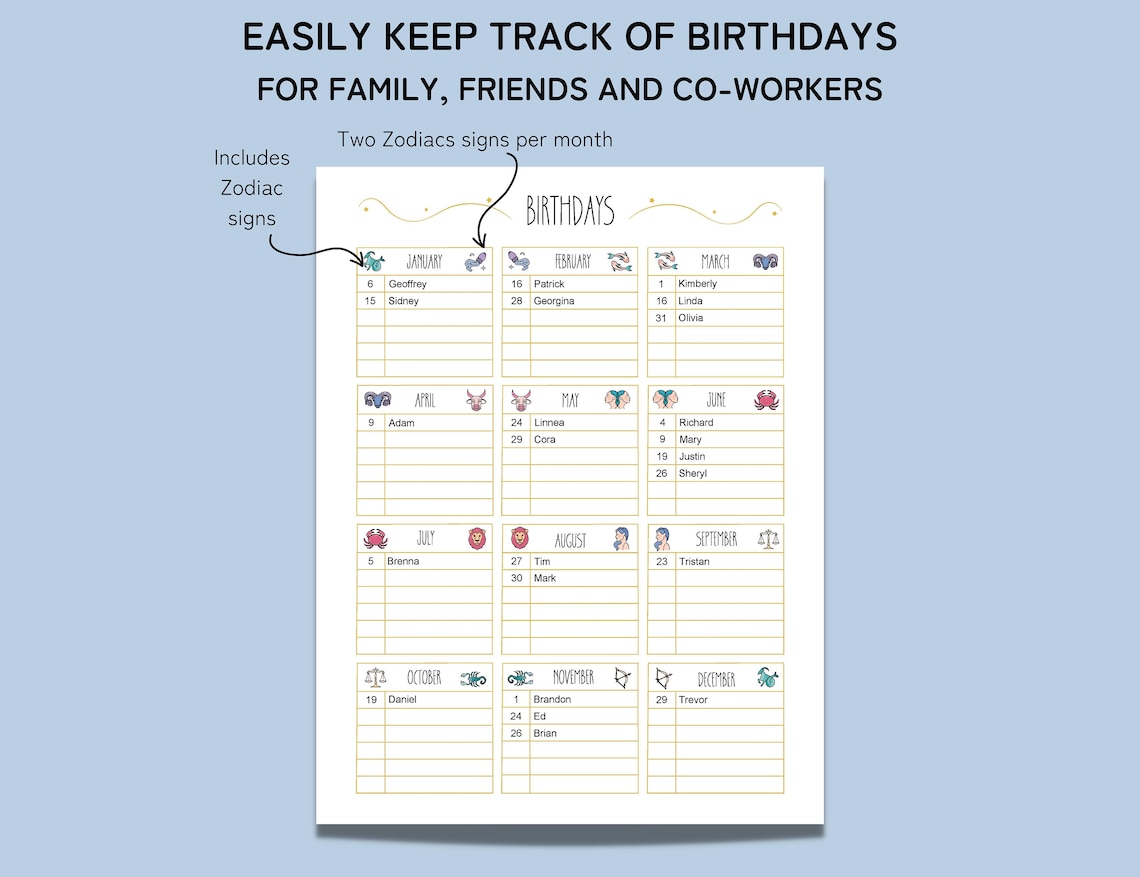 Birthday Tracker Printable, Birthday Calendar Editable PDF, Birthday ...