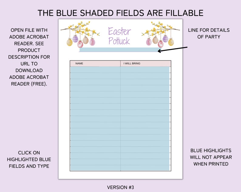 Easter Potluck Sign up Sheet Printable, Food Sign up Sheet, Easter ...