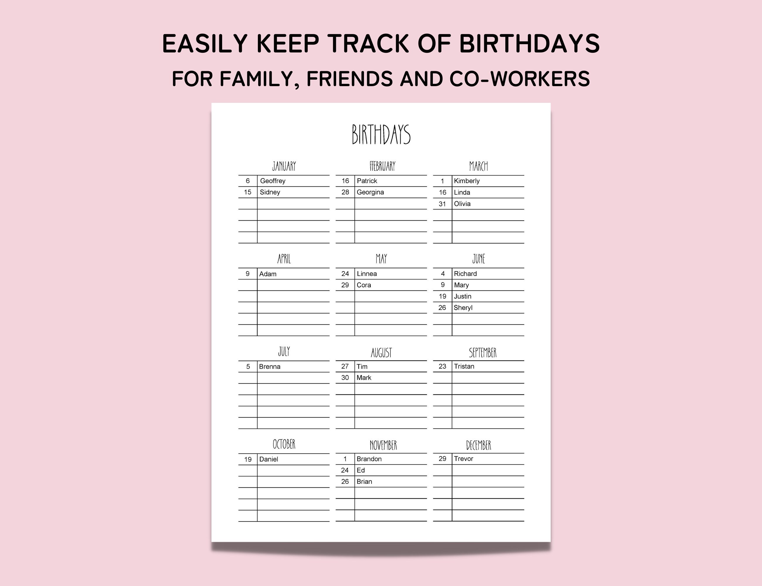 Birthday Tracker Printable Birthday Calendar Editable PDF - Etsy