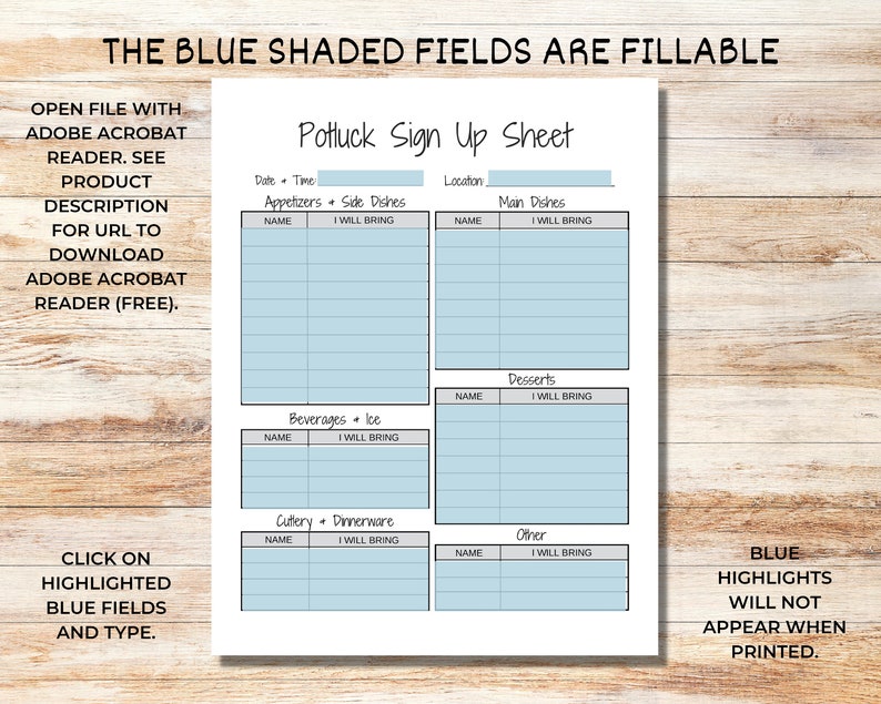 Potluck Sign up Sheet Printable, Food Sign up Sheet, Potluck Party ...