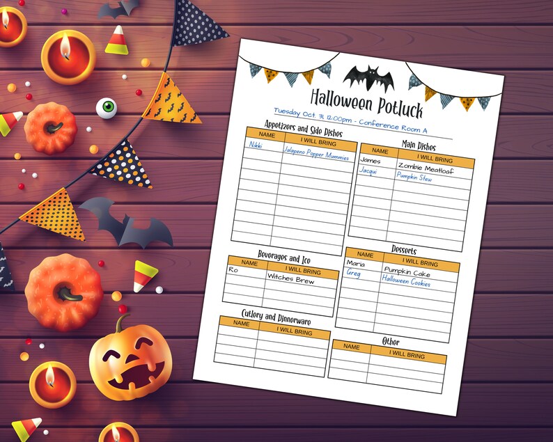 Halloween Potluck Sign up Sheet, Food Sign up Sheet, Halloween Party ...