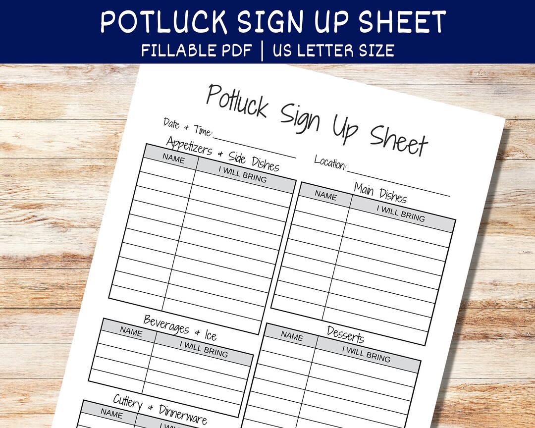Potluck Sign up Sheet Printable, Food Sign up Sheet, Potluck Party ...