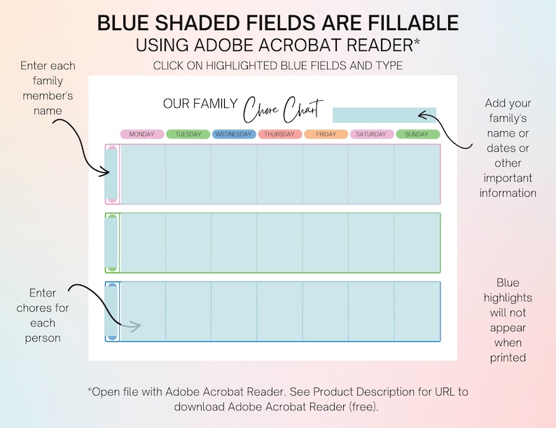 Editable Weekly Family Chore Chart for Kids and Adults, Printable ...