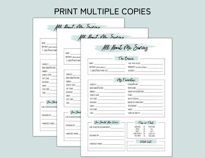 Employee Favorite Things List Printable, All About Me Employee Survey ...