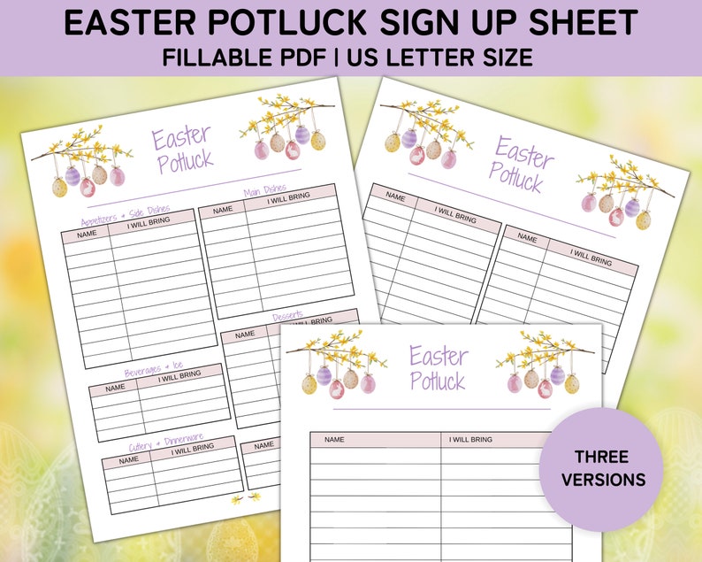 Easter Potluck Sign up Sheet Printable, Food Sign up Sheet, Easter ...