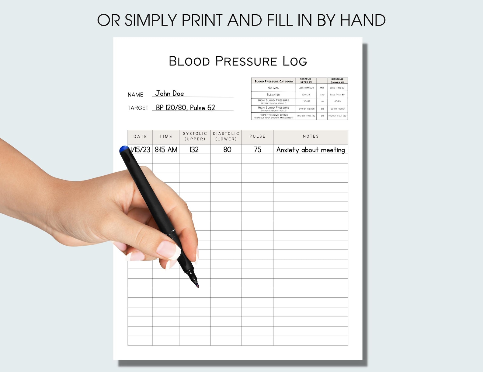 Blood Pressure Log, Printable and Editable PDF Daily Blood Pressure ...