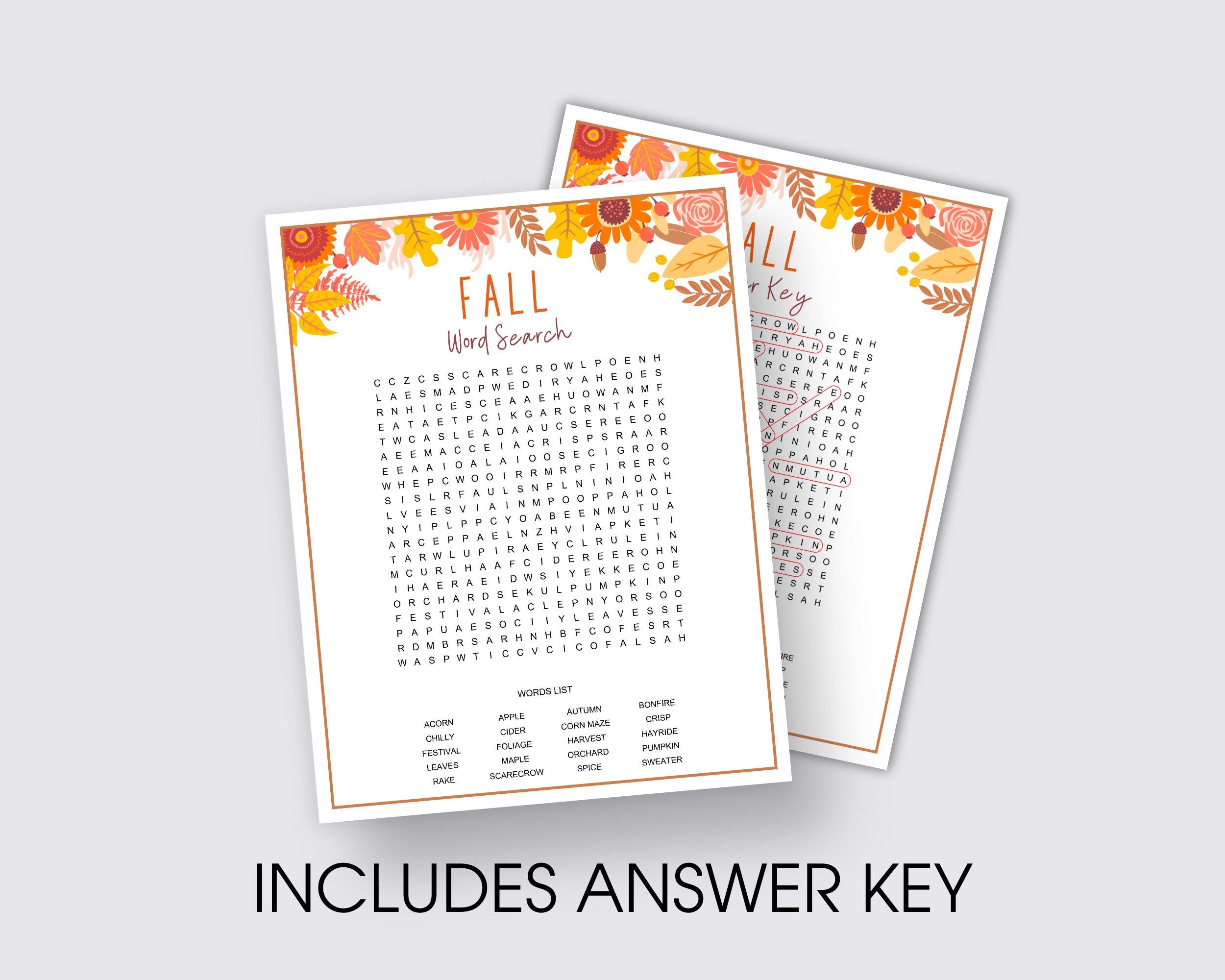 Fall Word Search Game, Printable Word Game, Autumn Word Search Puzzle ...