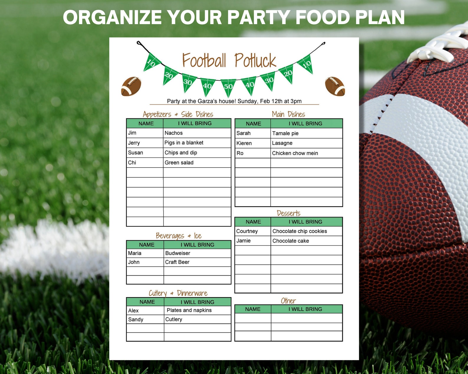Football Party Potluck Sign up Sheet Printable, Food Sign up Sheet ...