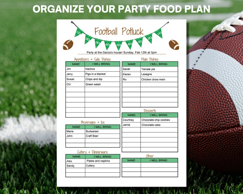 Football Party Potluck Sign up Sheet Printable, Food Sign up Sheet ...