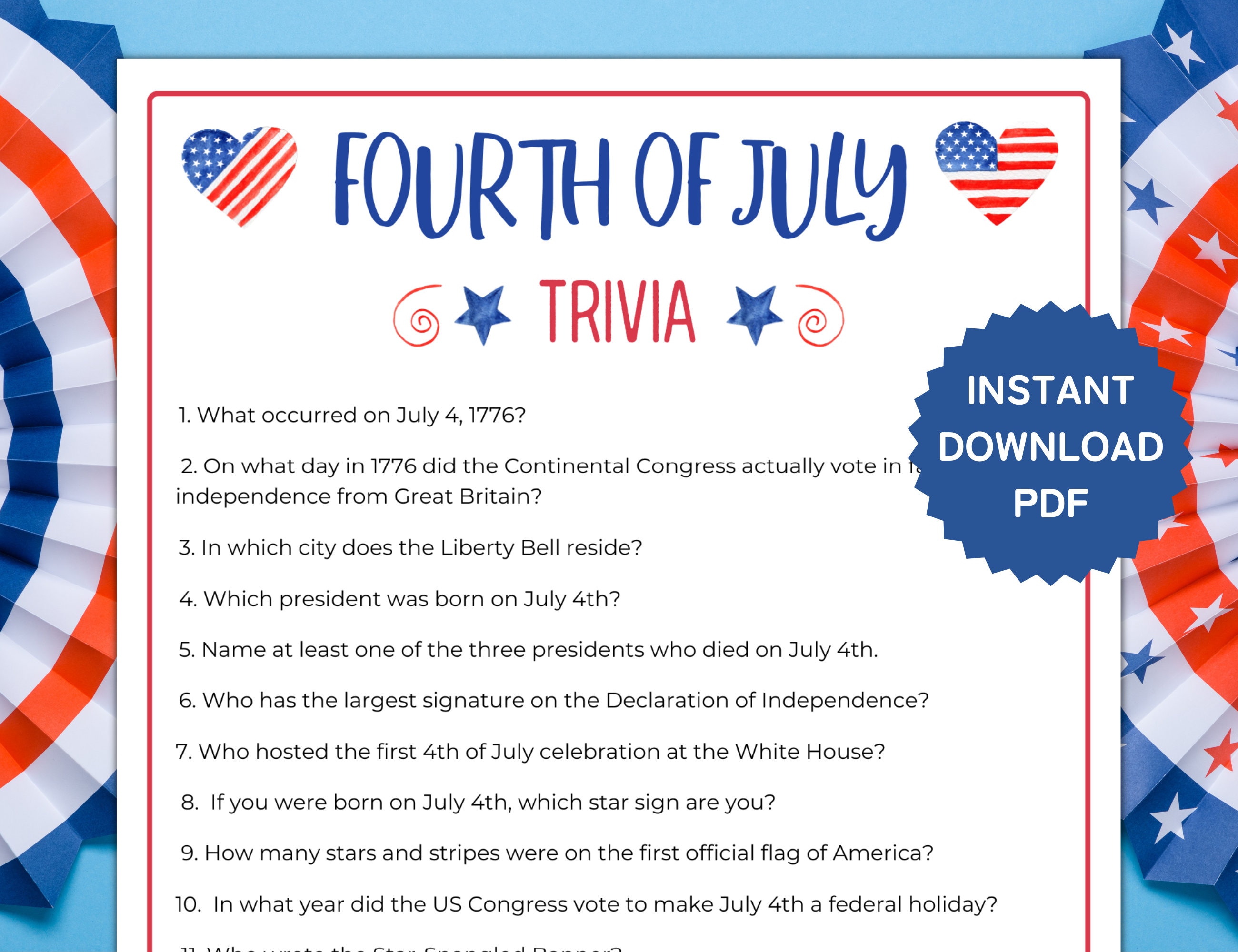 Patriotic Icebreaker: Printable 4th of July Trivia Game, Patriotic ...