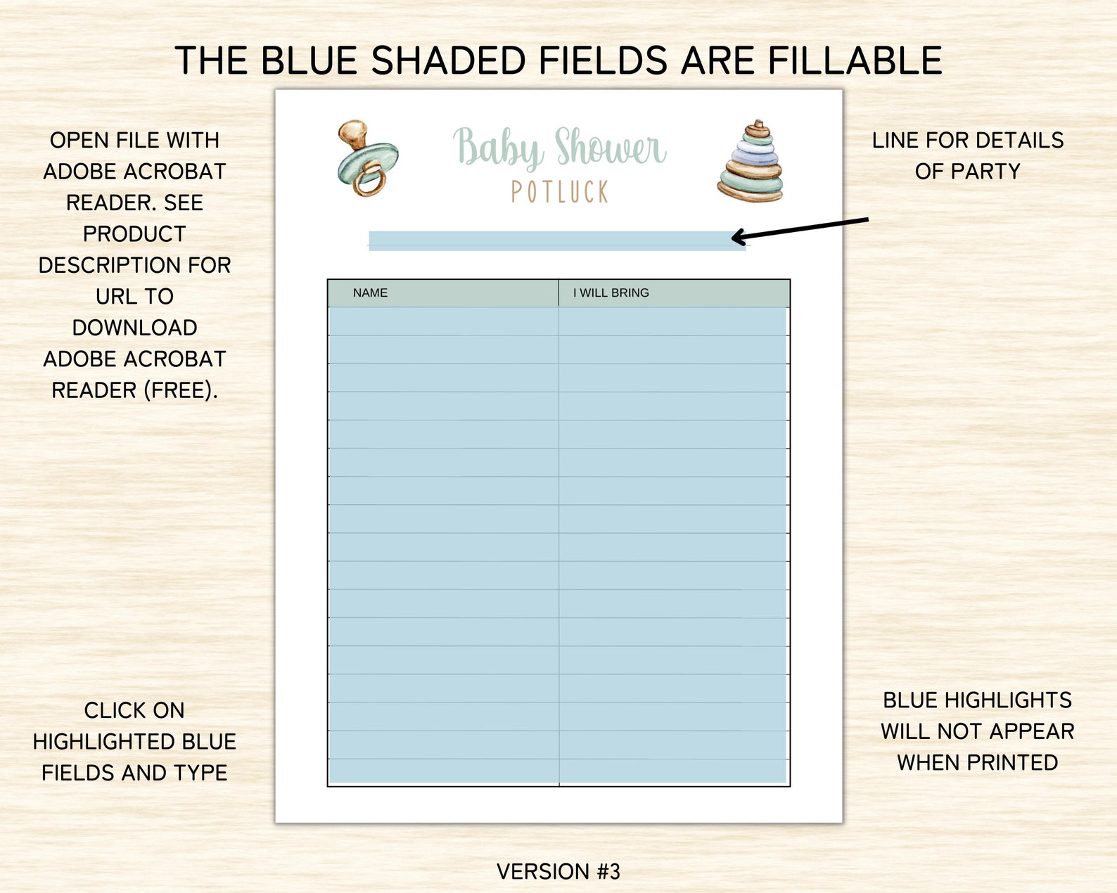 Baby Shower Potluck Sign up Sheet Printable, Food Sign up Sheet, Baby ...