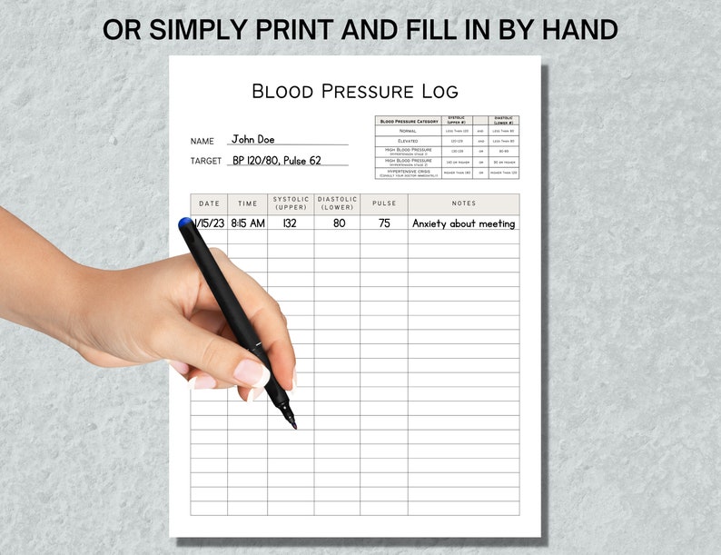 Blood Pressure Log, Printable and Editable PDF Daily Blood Pressure ...