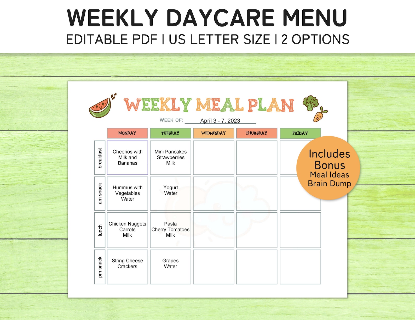 Editable Weekly Daycare Menu and Meal Planner for Preschool, Home ...