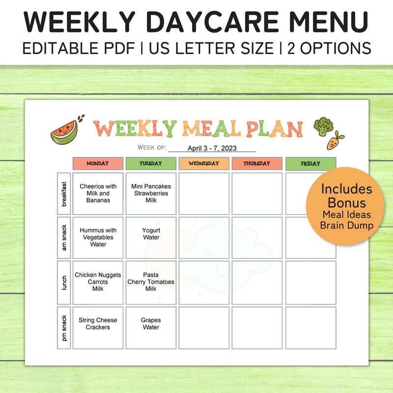 Daycare Food Menu - Etsy