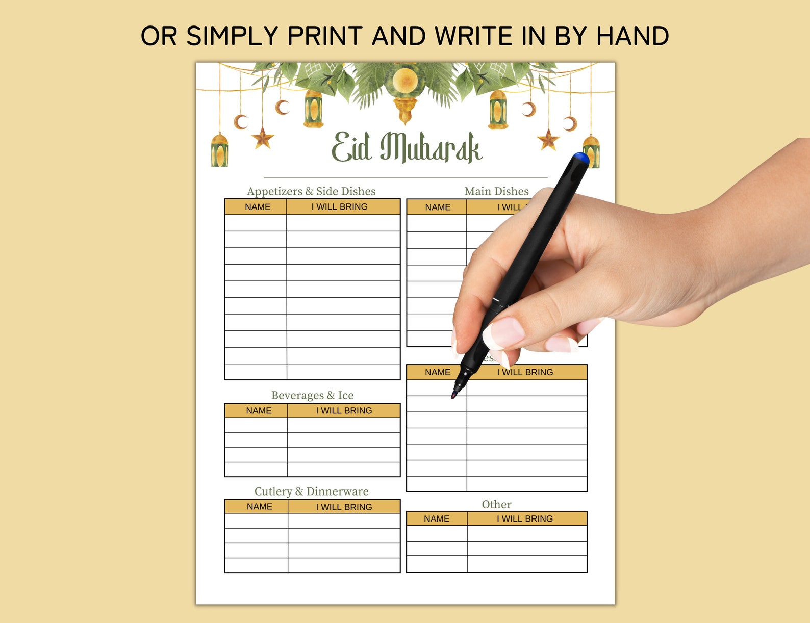 Eid Mubarak Potluck Sign up Sheet Printable, Food Sign up Sheet ...