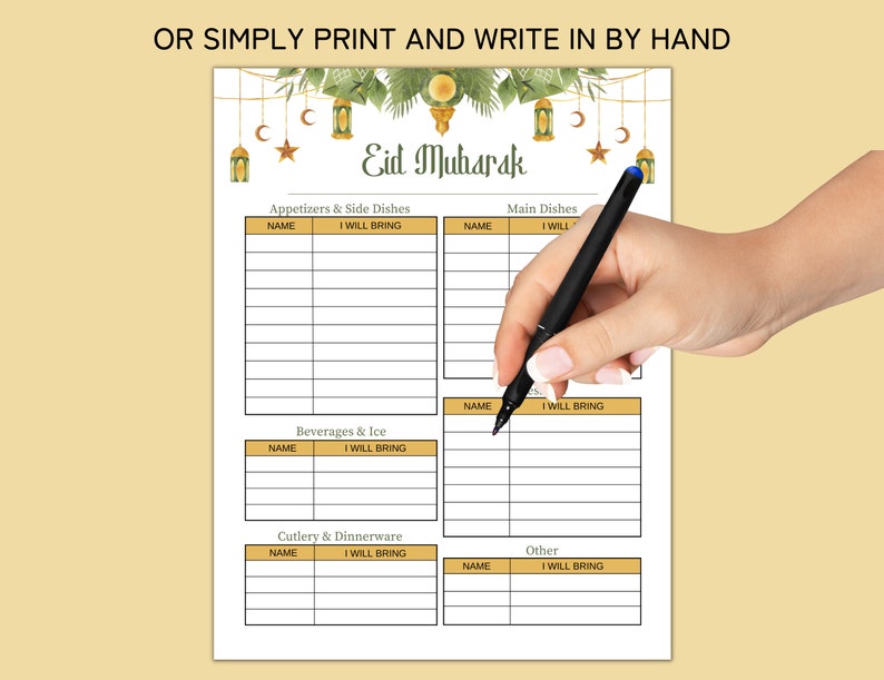 Eid Mubarak Potluck Sign up Sheet Printable, Food Sign up Sheet ...