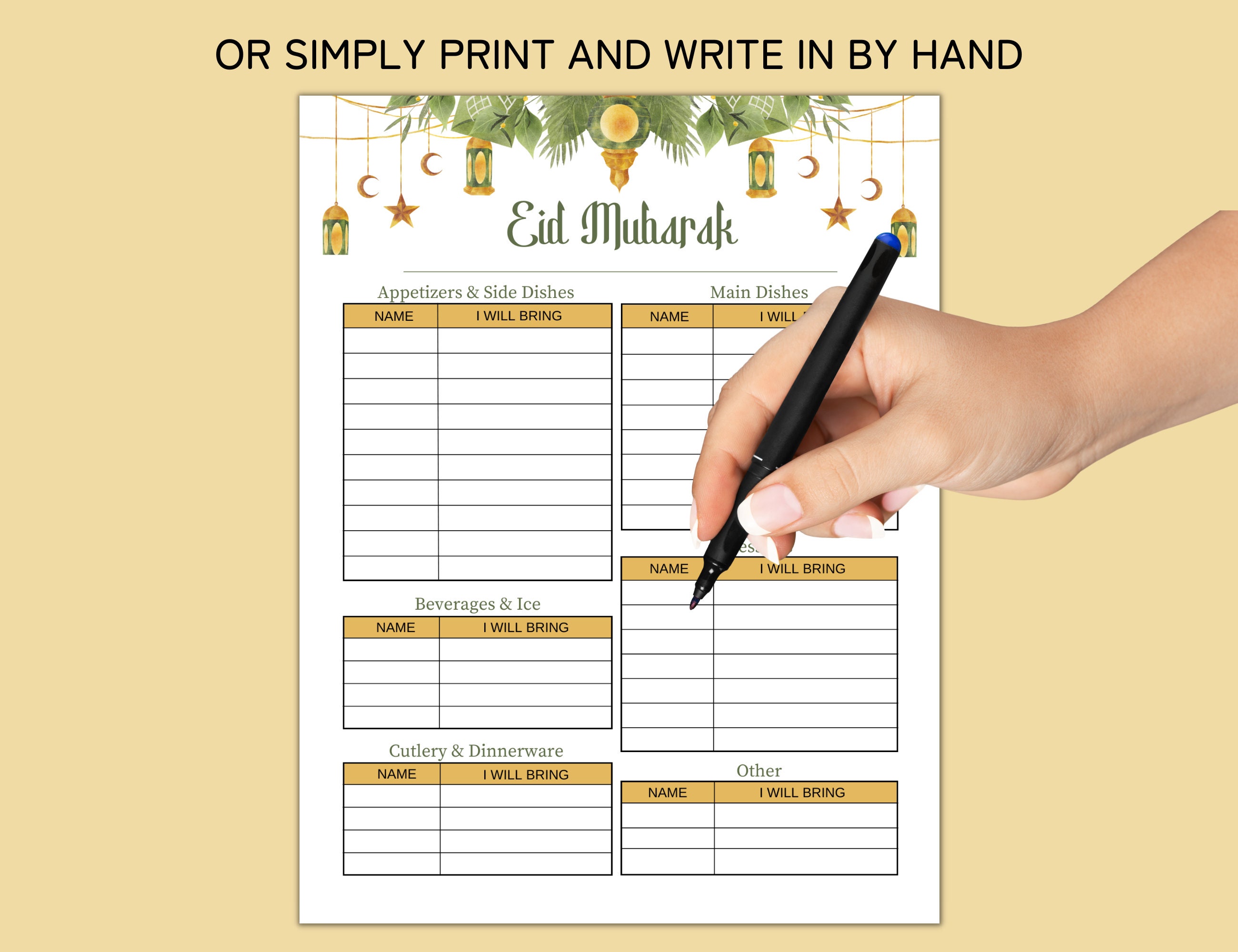 Eid Mubarak Potluck Sign up Sheet Printable, Food Sign up Sheet ...