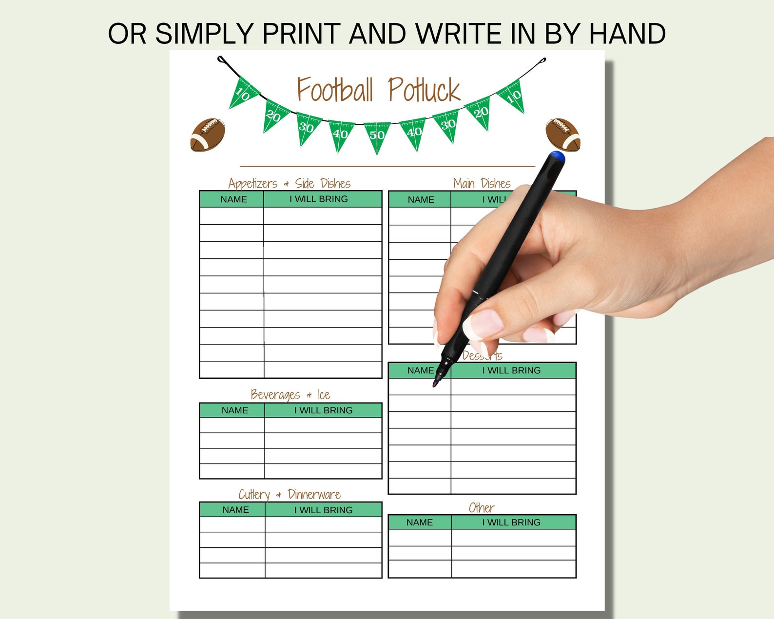 Football Party Potluck Sign up Sheet Printable, Food Sign up Sheet ...