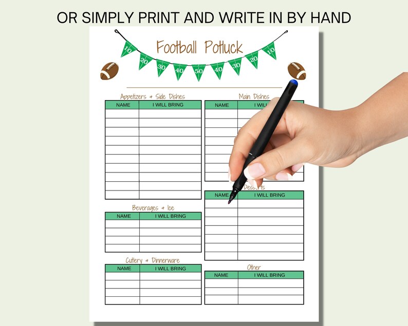 Football Party Potluck Sign up Sheet Printable, Food Sign up Sheet ...
