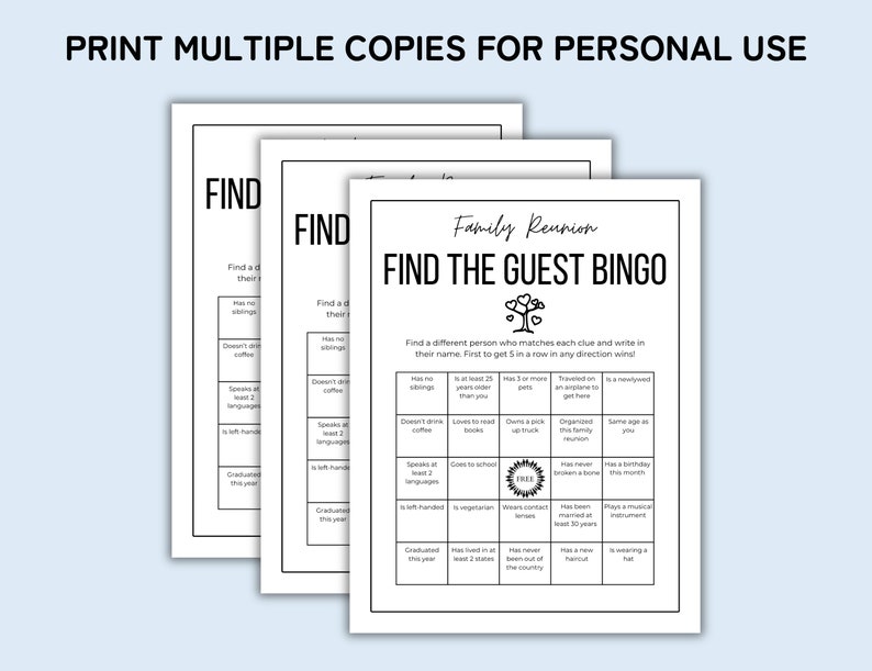 Family Reunion Game, Find the Guest Bingo, Find Someone Who, Mix and ...