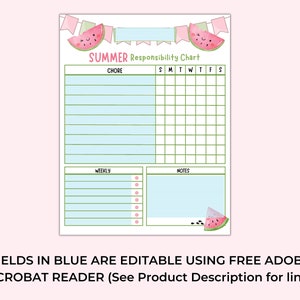 Summer Chore Chart for Kids, Printable Responsibility Chart, Reward ...