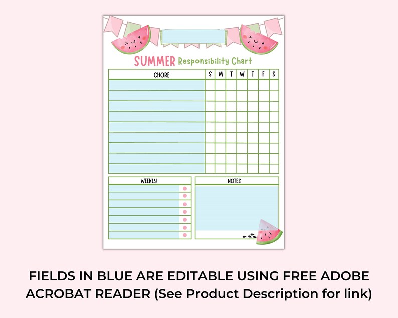 Summer Chore Chart for Kids, Printable Responsibility Chart, Reward ...