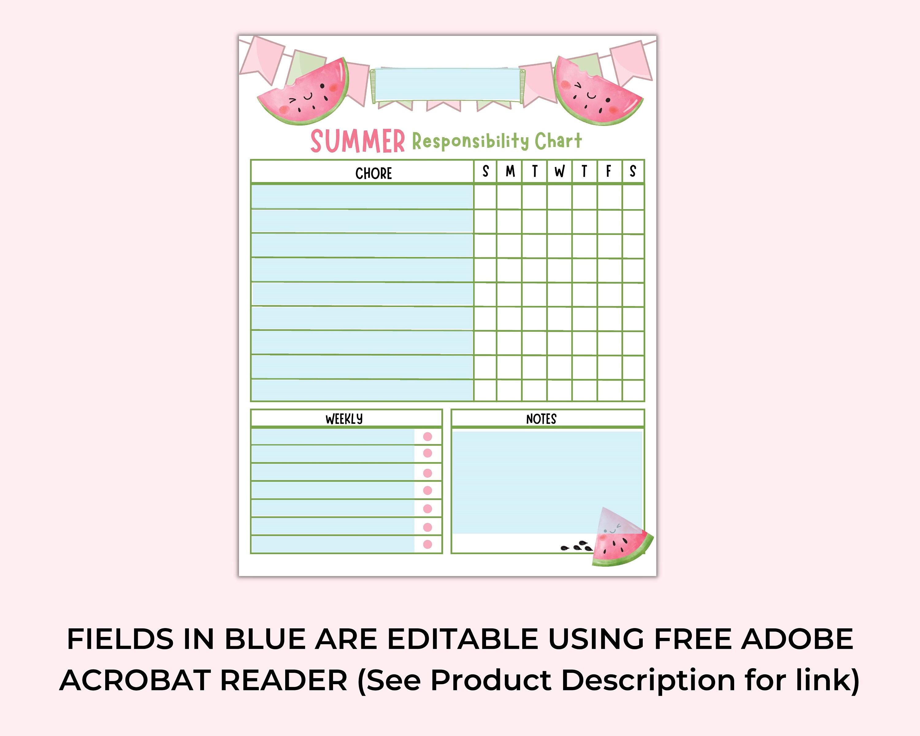 Summer Chore Chart for Kids, Printable Responsibility Chart, Reward ...