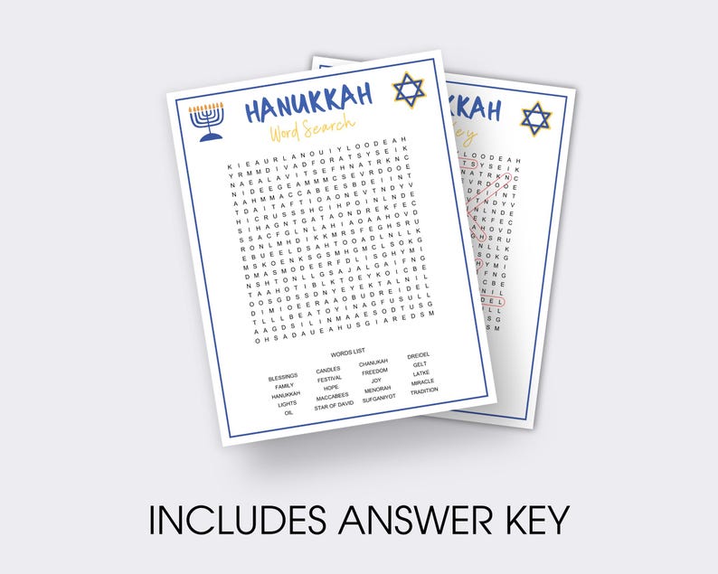 Hanukkah Word Search Game, Jewish Party, Hebrew Holiday Word Search ...