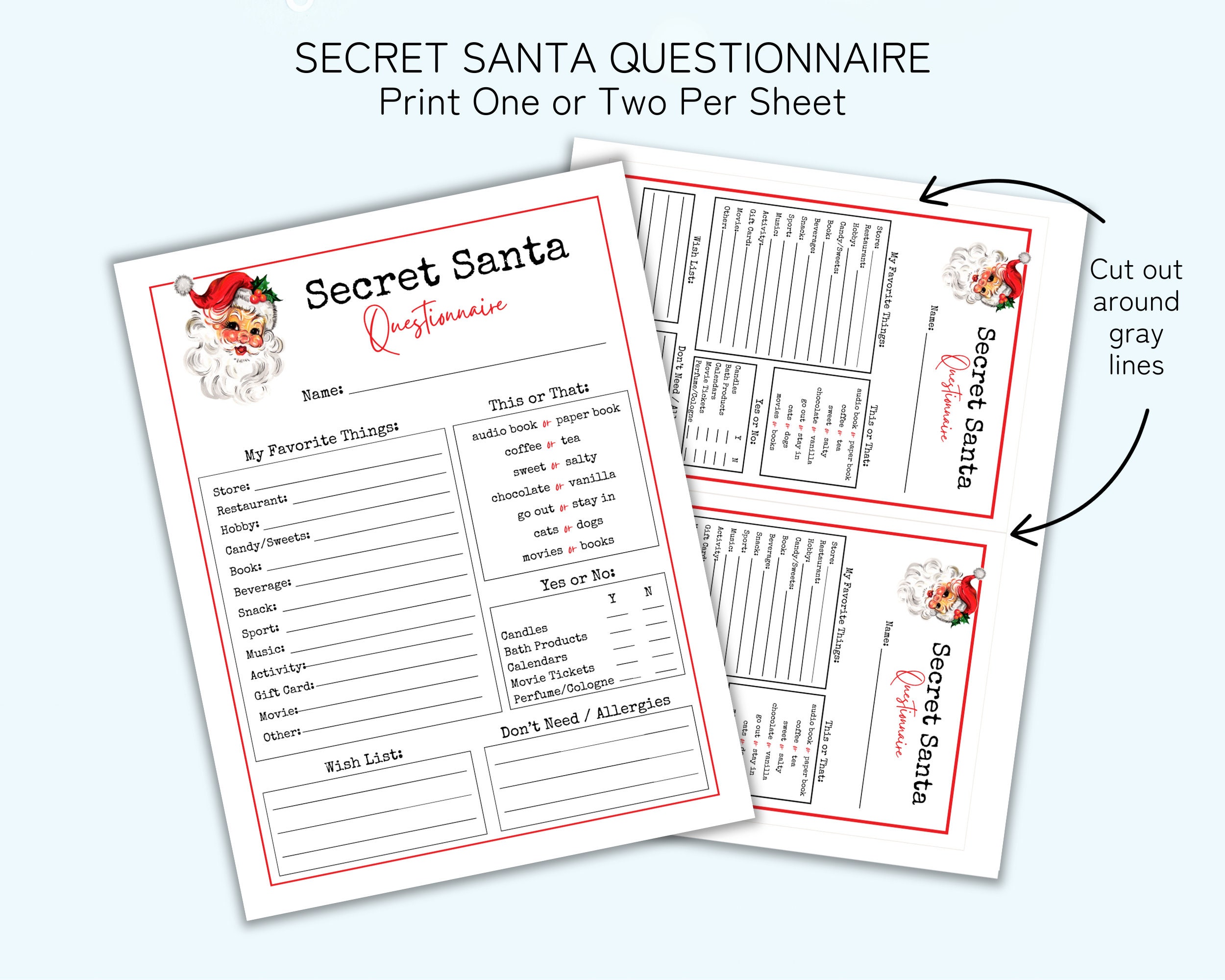 Secret Santa Questionnaire Bundle, Printable Secret Santa Gift Exchange ...