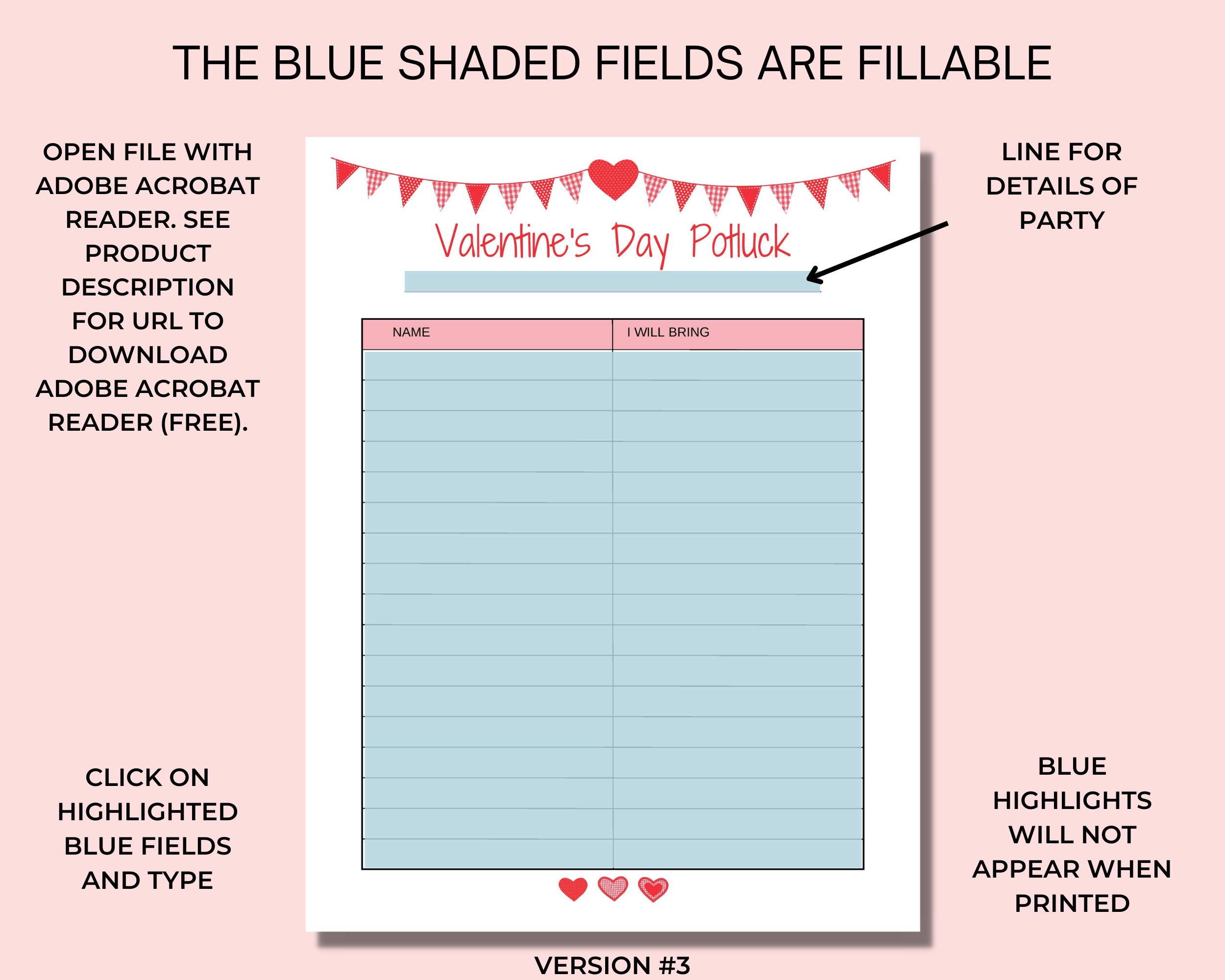 Valentine's Day Potluck Sign up Sheet Printable, Food Sign up Sheet ...