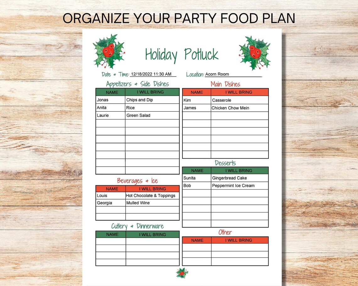 Christmas Potluck Sign up Sheet Printable, Food Sign up Sheet ...