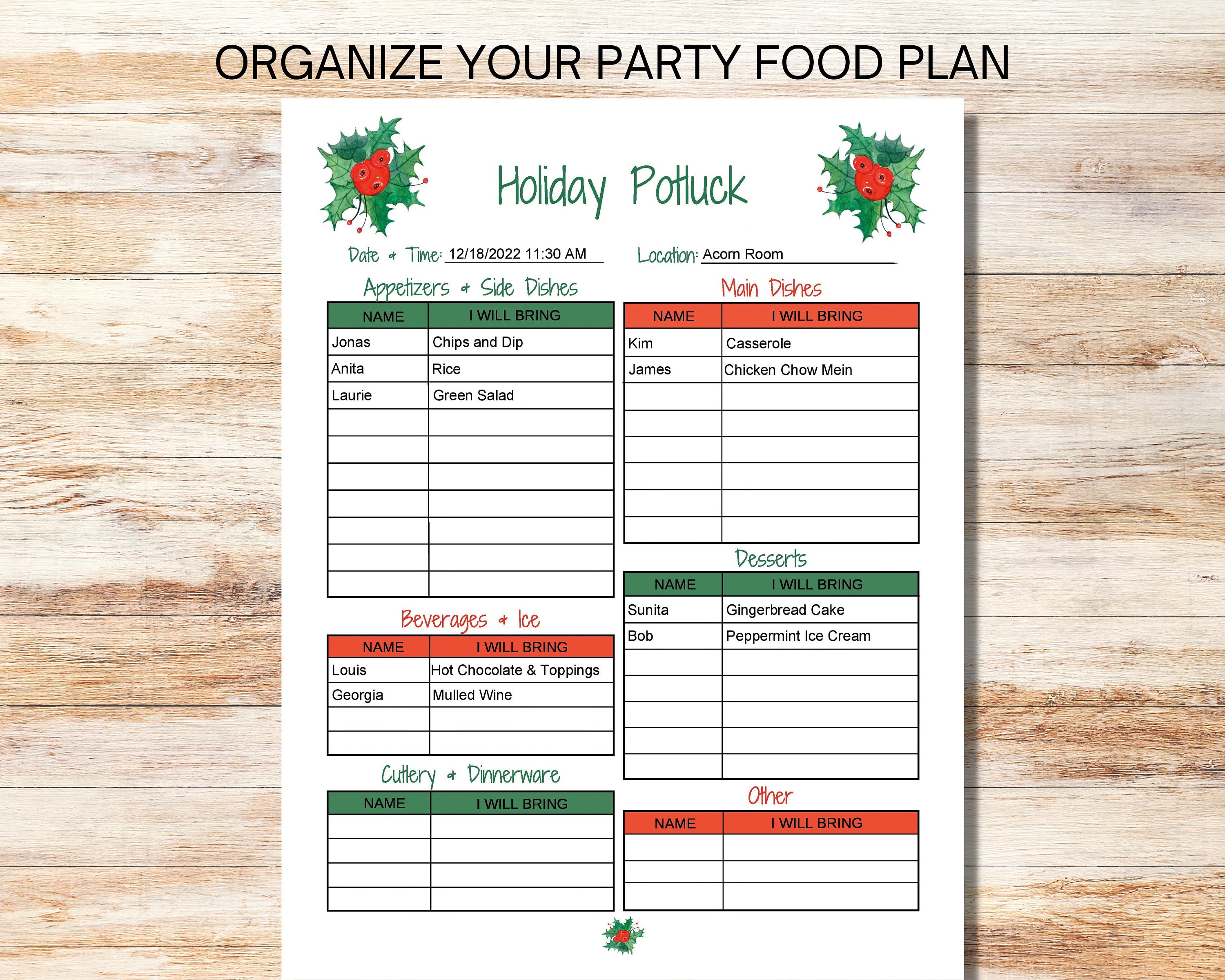 Christmas Potluck Sign up Sheet Printable, Food Sign up Sheet ...