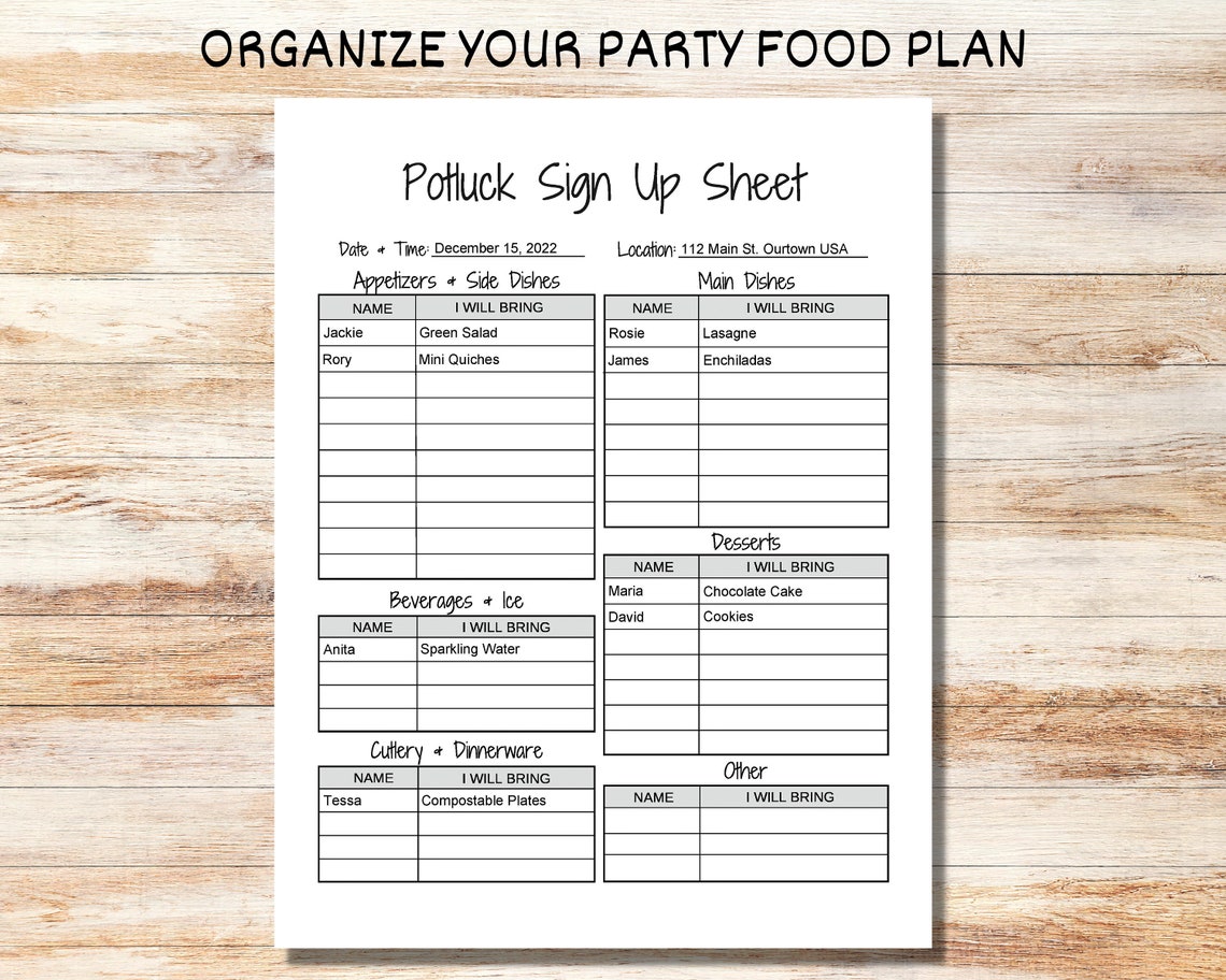 Potluck Sign up Sheet Printable, Food Sign up Sheet, Potluck Party ...