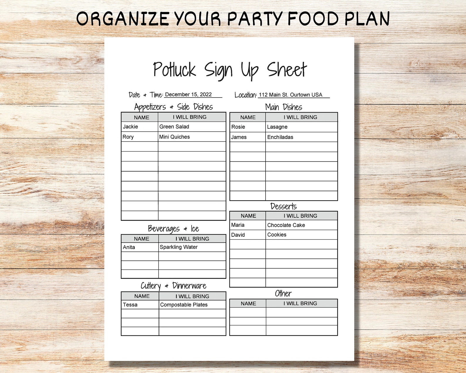 Potluck Sign up Sheet Printable, Food Sign up Sheet, Potluck Party ...