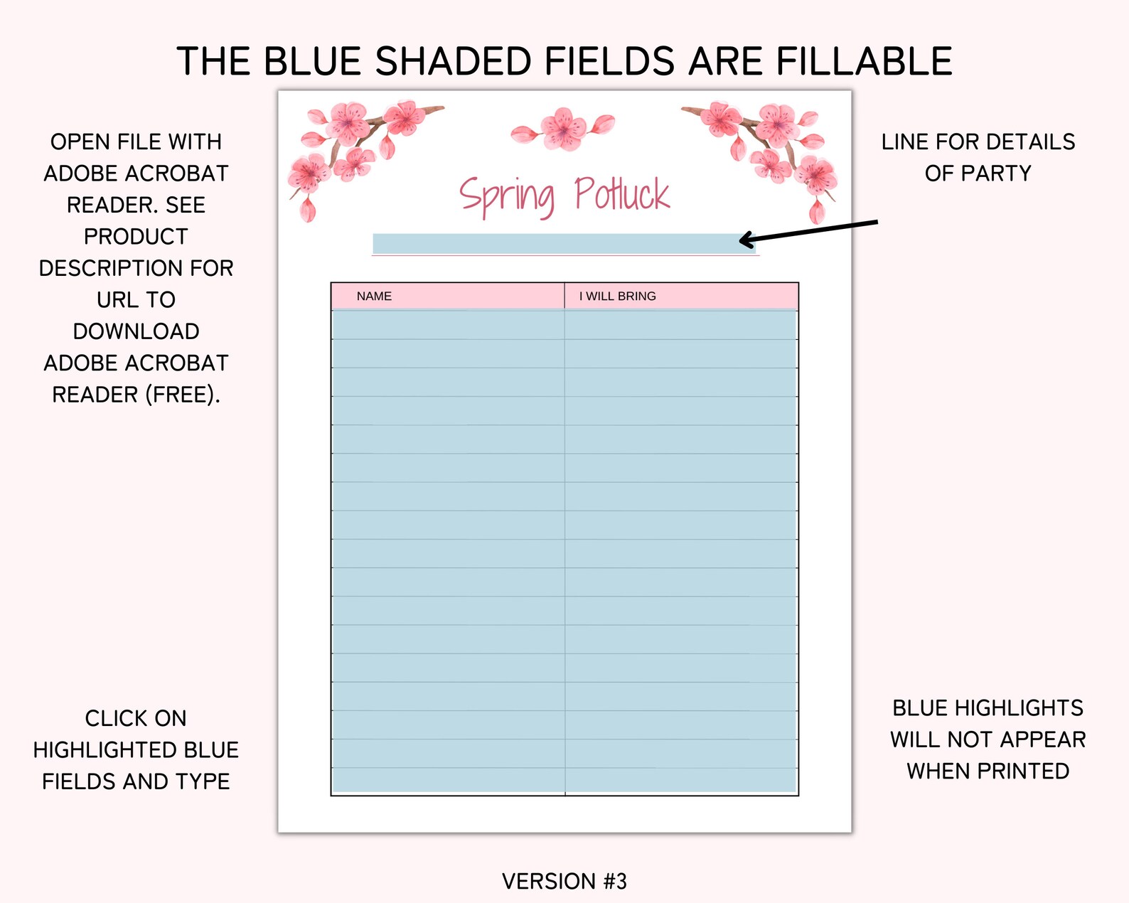 Spring Potluck Sign up Sheet Printable, Food Sign up Sheet, Spring ...