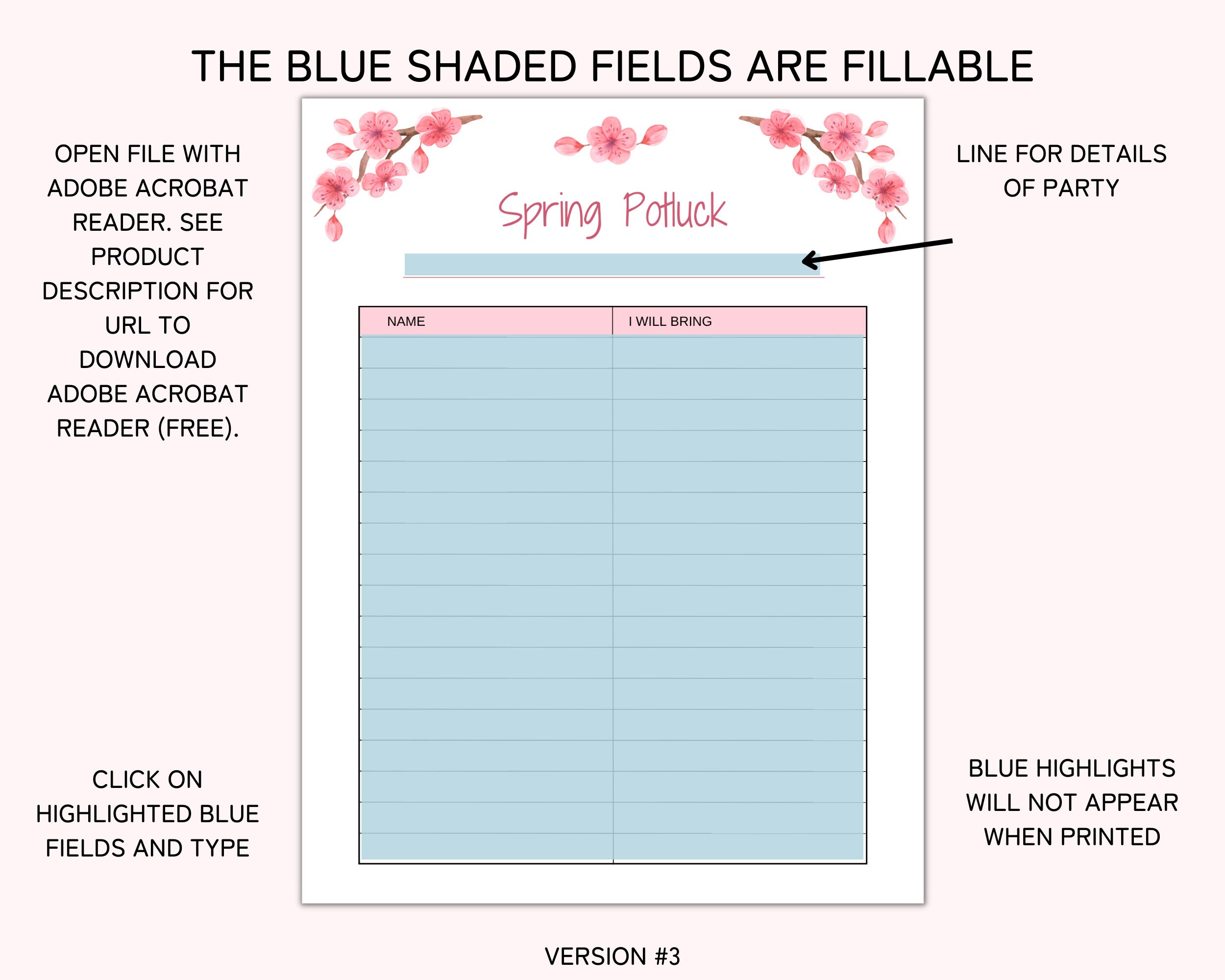 Spring Potluck Sign up Sheet Printable, Food Sign up Sheet, Spring ...