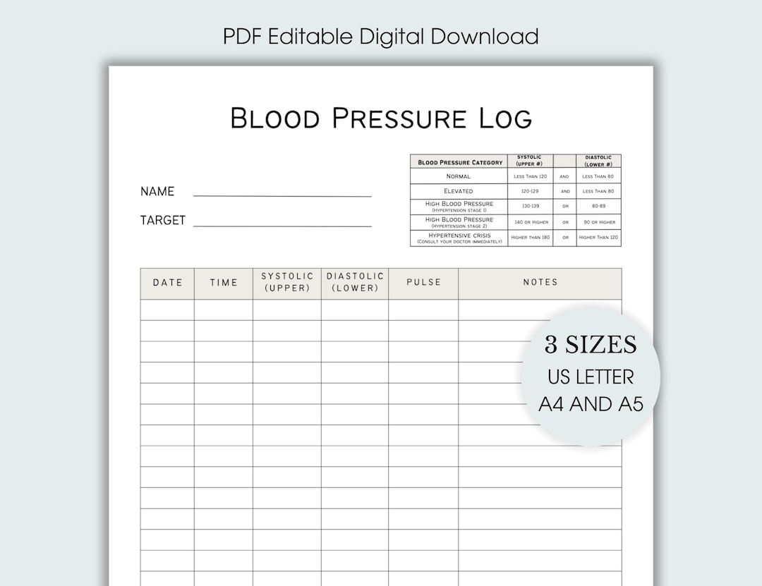 Blood Pressure Log, Printable and Editable PDF Daily Blood Pressure ...