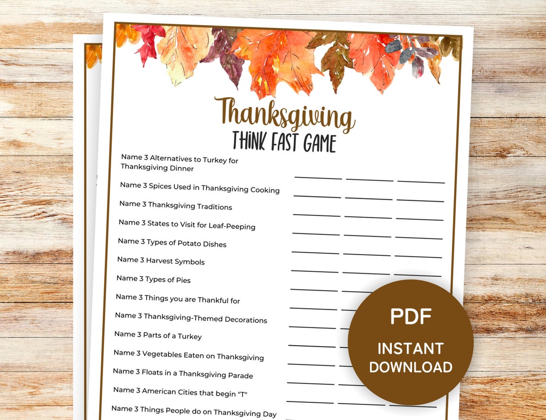 Thanksgiving Trivia Game, Think Fast Game, Printable Games, Fall Party ...