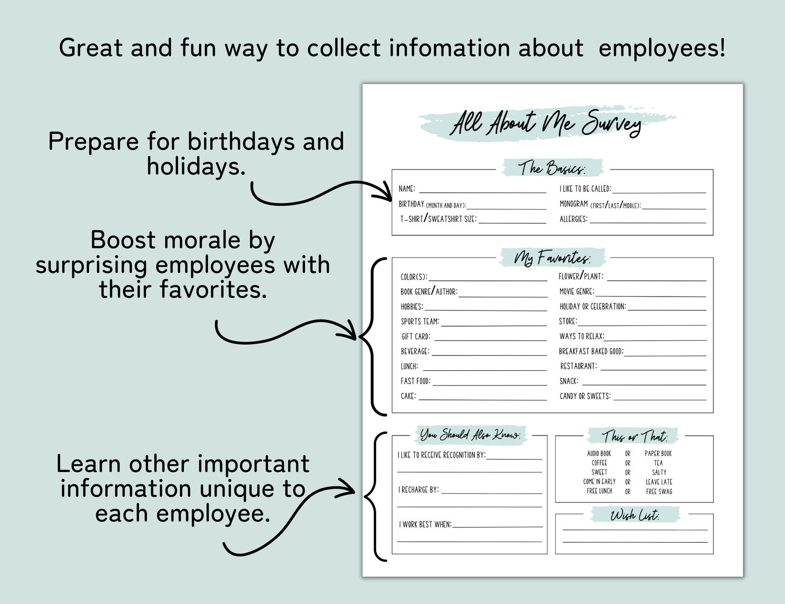 Employee Favorite Things List Printable, All About Me Employee Survey ...