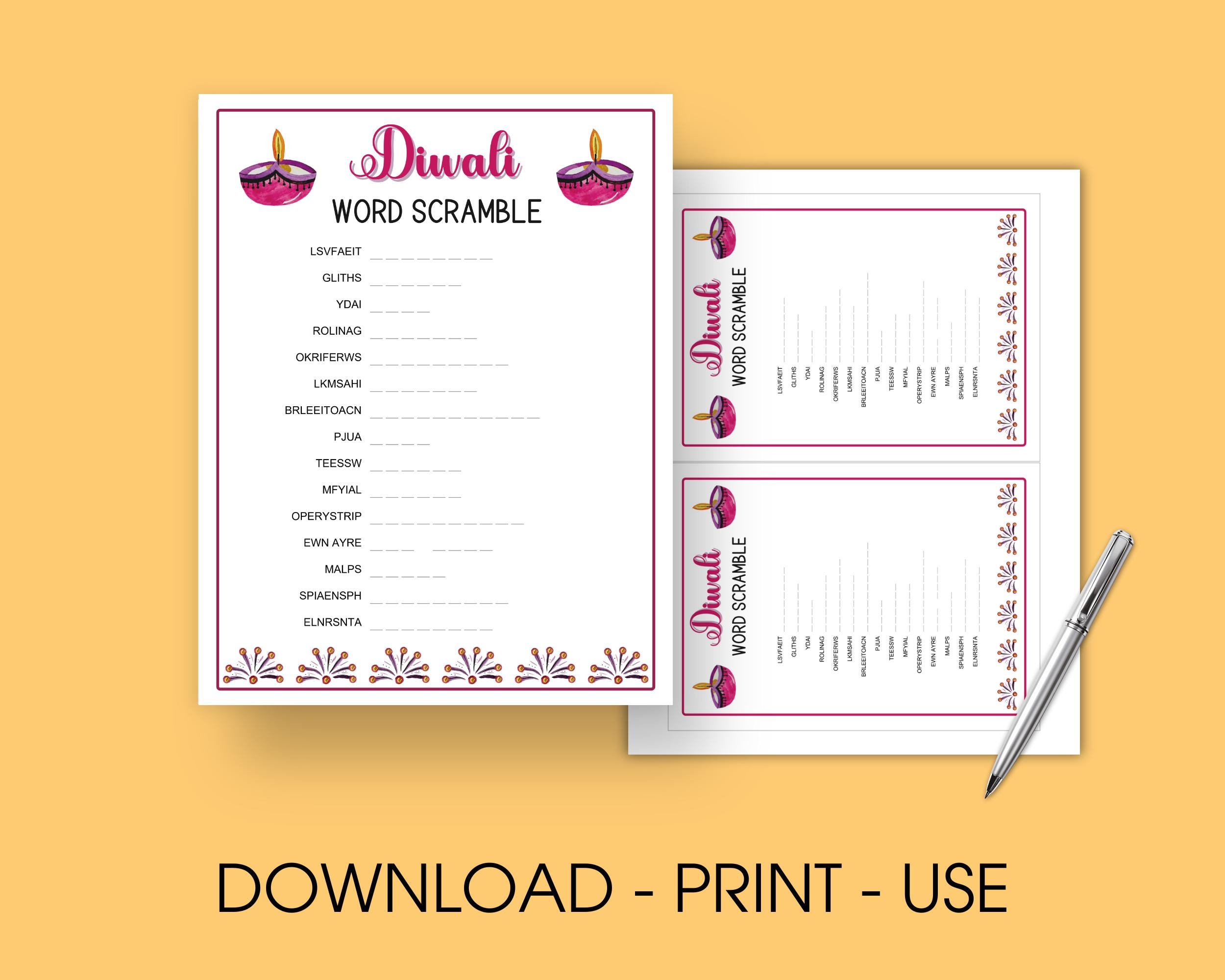 Diwali Word Scramble Game, Diwali Party, Festival of Lights, Printable ...