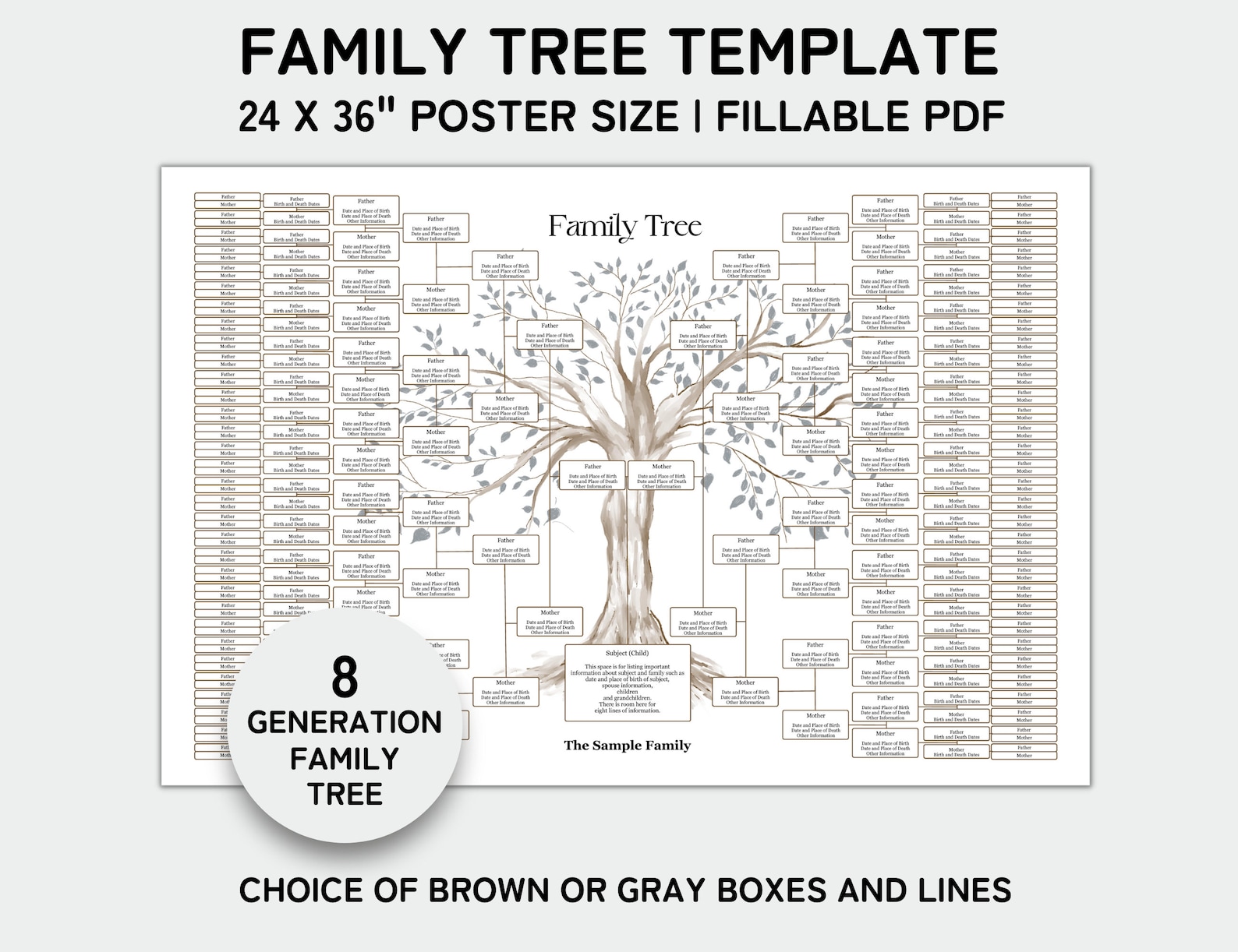 Family Tree Template 8 Generation, Family Tree Chart, 24 X 36 Poster ...