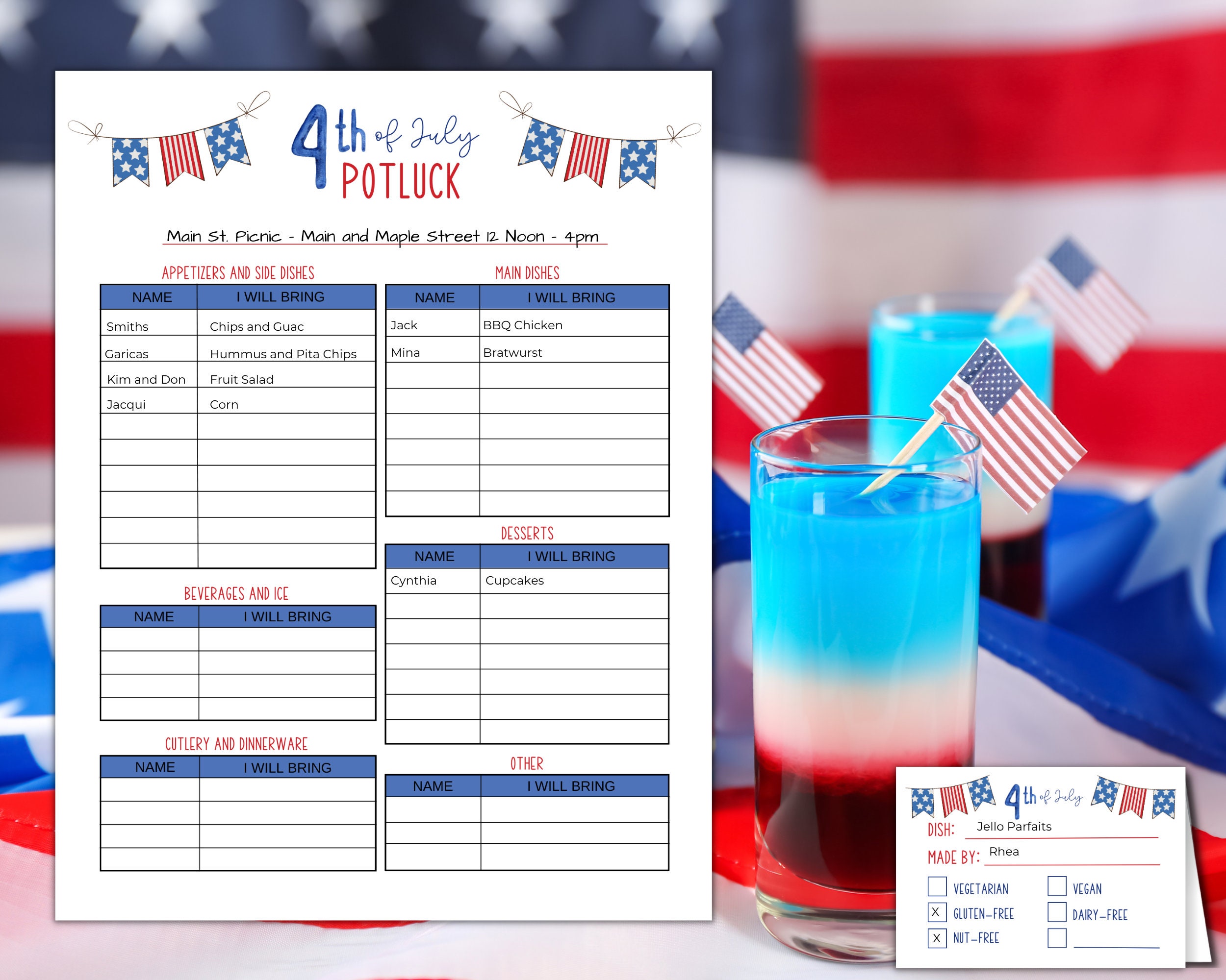 Fourth of July Printable Potluck Sign up Sheet, Food Sign up Sheet ...