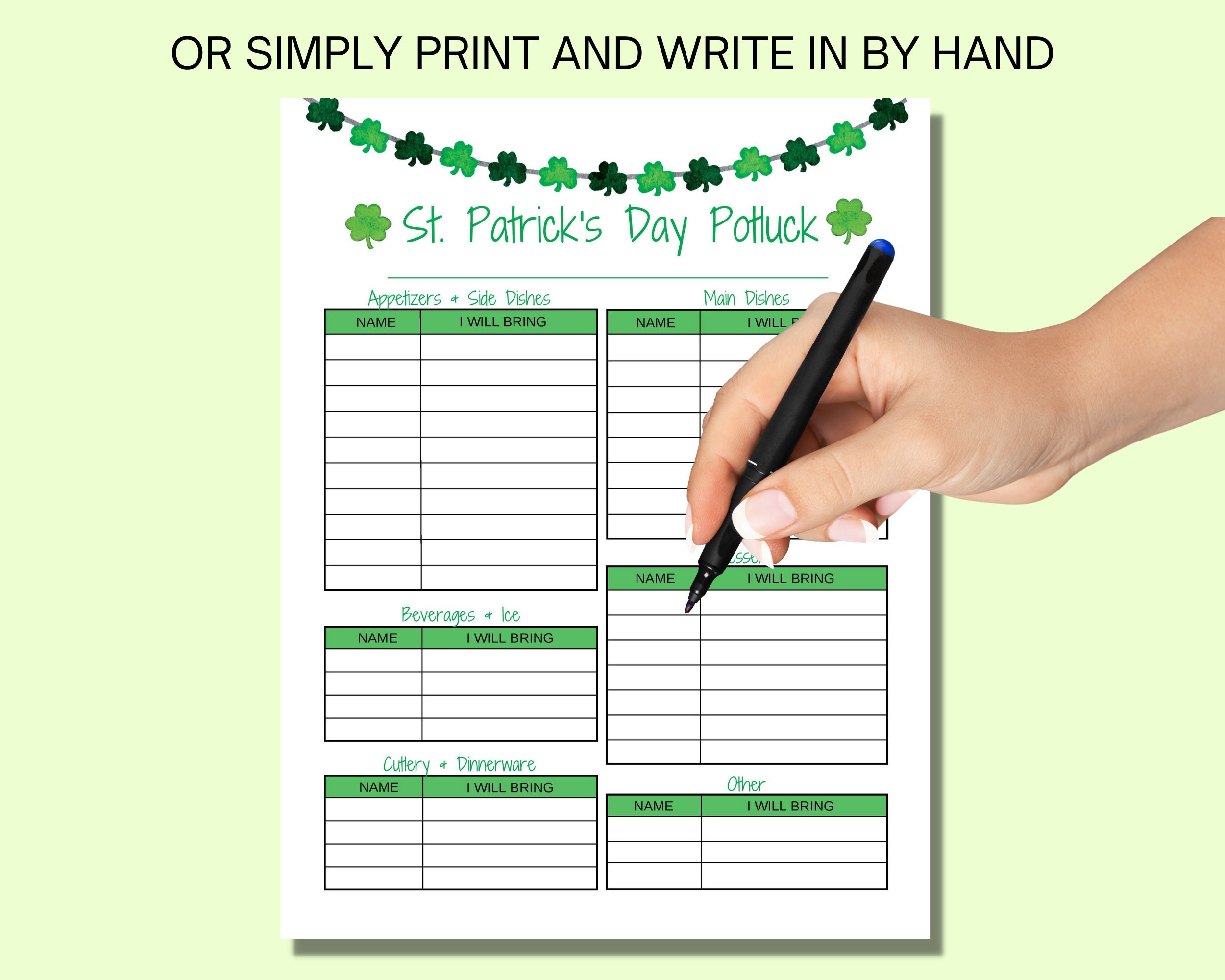 St. Patrick's Day Potluck Sign up Sheet Printable, Food Sign up Sheet ...